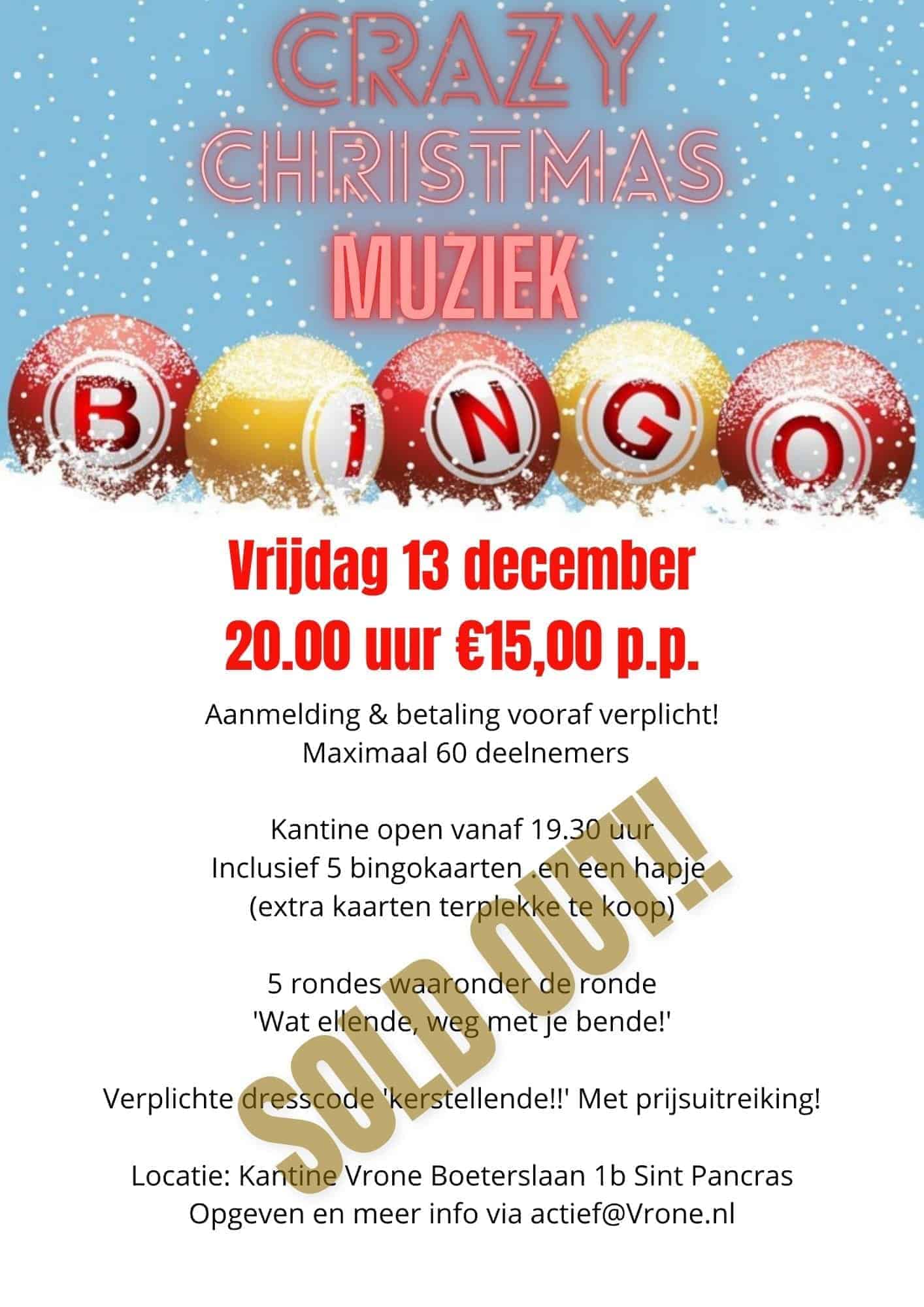 UPDATE 100% UITVERKOCHT! 13 december: Crasy Christmas Muziek Bingo! - S.V. Vrone - Sint Pancras